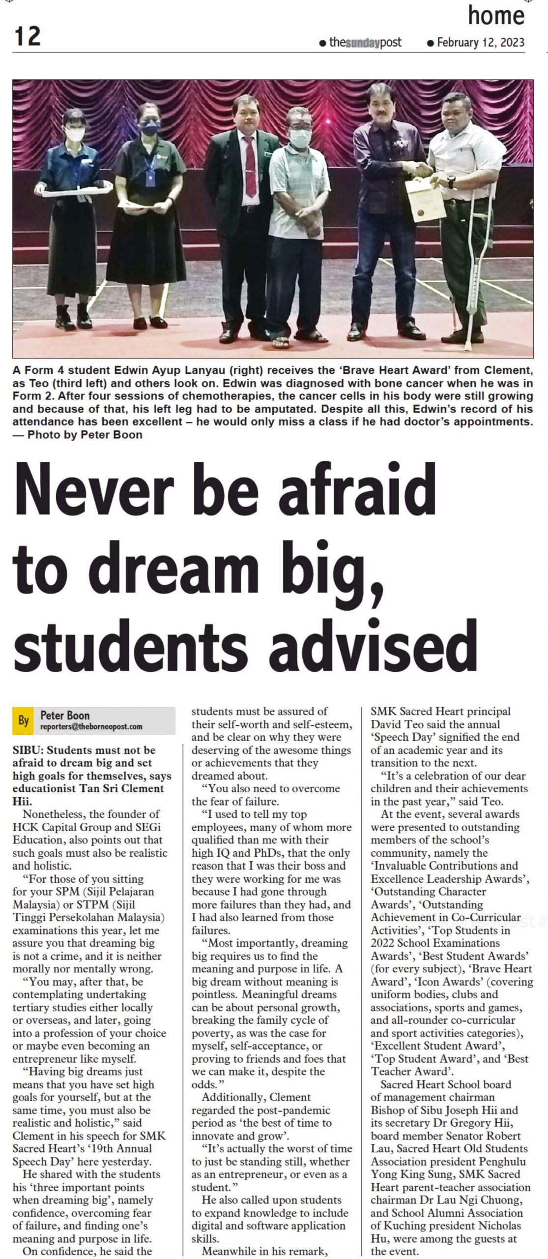 Never be afraid to dream big, students advised - Sacred Heart School ...